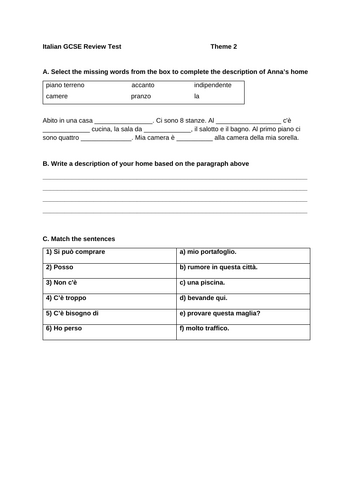 Italian GCSE Review Test - Theme 2 | Teaching Resources