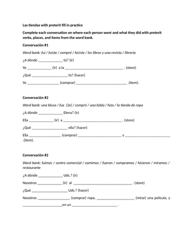 Las tiendas y las compras: Matching , fill in, and paragraph practice ...