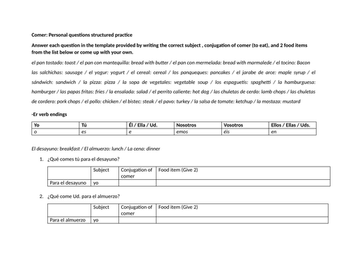 Comer: Personal questions structured practice | Teaching Resources