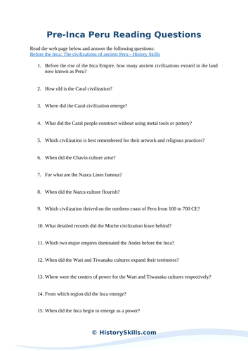 Pre-Inca Peru Civilizations Reading Questions Worksheet | Teaching ...