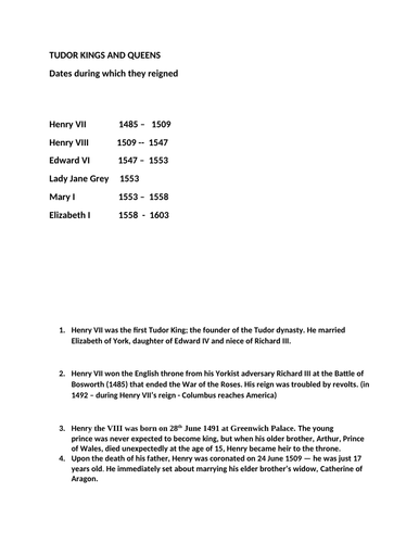 Home School Resource:; BRITISH HISTORY: THE TUDORS | Teaching Resources