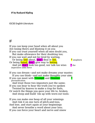 iGCSE English Literature revision of "If" Rudyard Kipling | Teaching ...