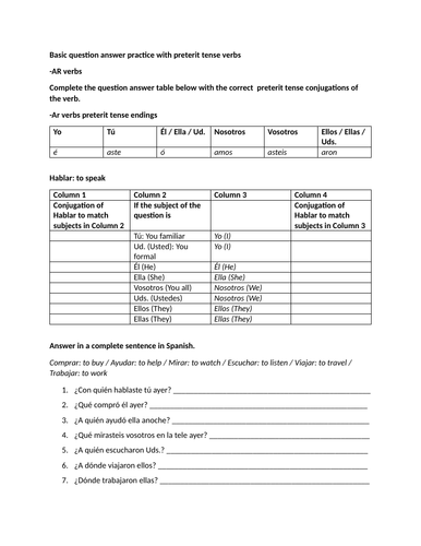 Basic question answer practice with preterit tense verbs | Teaching ...