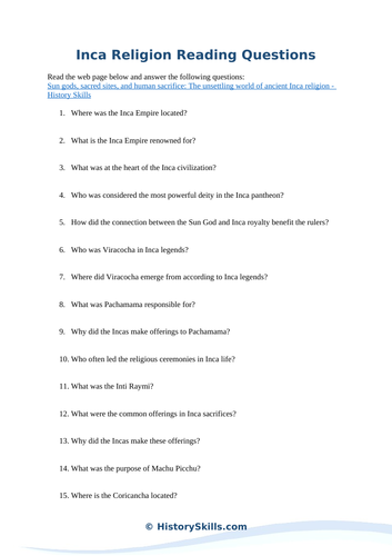 Inca Religion Reading Questions Worksheet | Teaching Resources