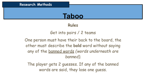 Research methods revision activity taboo | Teaching Resources Research methods revision activity taboo | Teaching Resources