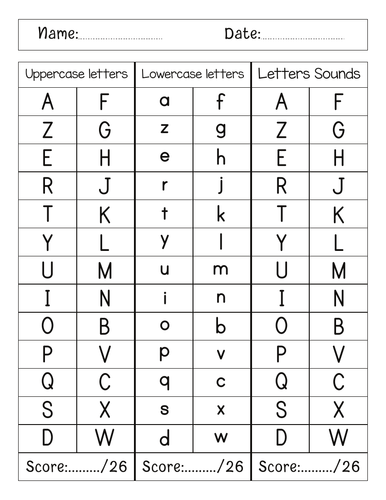 Uppercase and lowercase Letters Recognition Assessment Sheet | Teaching ...
