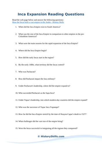Inca Expansion Reading Questions Worksheet | Teaching Resources