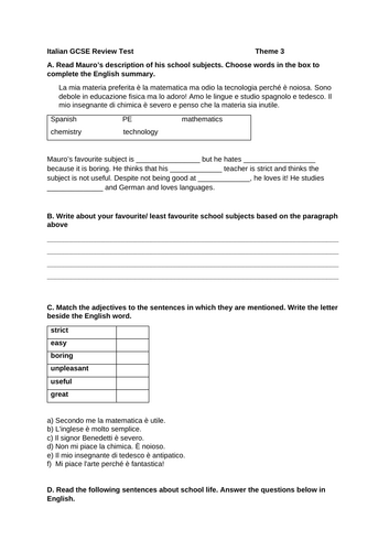 Italian GCSE Review Test - Theme 3 | Teaching Resources