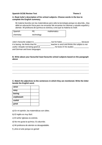 Spanish GCSE Review Test - Theme 3 | Teaching Resources