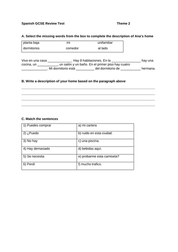 Spanish GCSE Review Test - Theme 2 | Teaching Resources