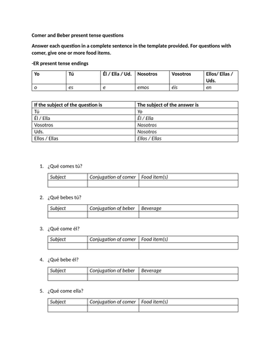 Comer and Beber present tense questions | Teaching Resources