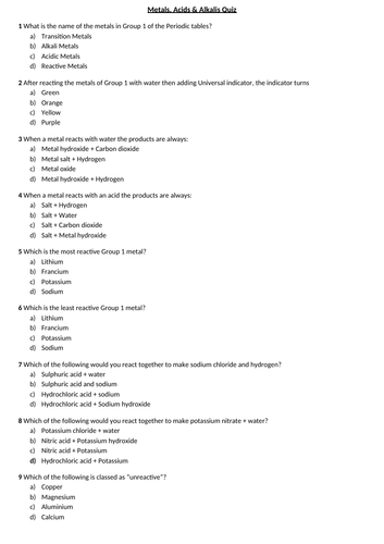 Metals, Acids & Alkalis Multiple Choice Quiz (With Answers) | Teaching Resources