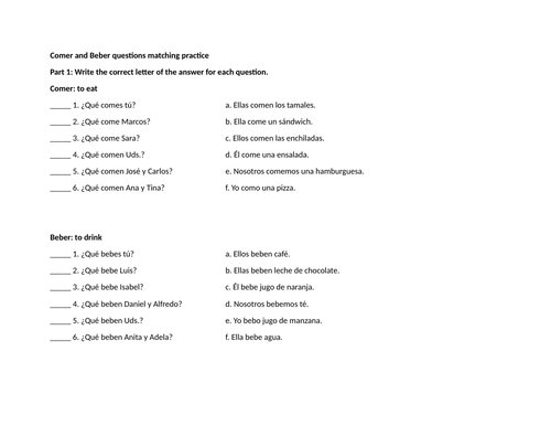Comer and Beber questions matching practice | Teaching Resources