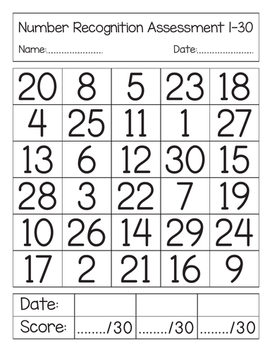 Number Recognition Assessment 1-30 | Teaching Resources