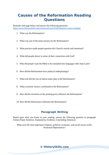 Causes of the Reformation Reading Questions Worksheet | Teaching Resources