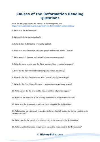 Causes of the Reformation Reading Questions Worksheet | Teaching Resources