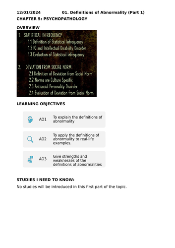 Psychopathology Definitions of Abnormality (double lesson) | Teaching ...
