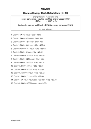 Electrical Energy Costs Calculations (kWh) Worksheet w Solutions ...