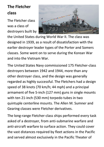 The Fletcher class destroyer Handout | Teaching Resources