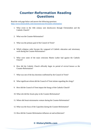 Catholic Counter-Reformation Reading Questions Worksheet | Teaching ...