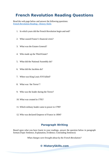 French Revolution Reading Questions Worksheet | Teaching Resources