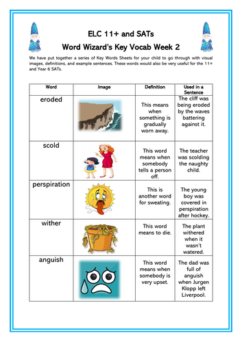 Week Two - Key Word Vocab Sheet | Teaching Resources