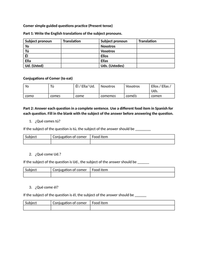 Comer simple guided questions practice (Present tense) | Teaching Resources