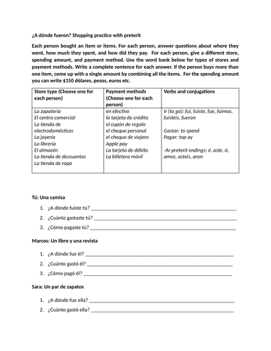 ¿A dónde fueron? Shopping practice with preterit | Teaching Resources