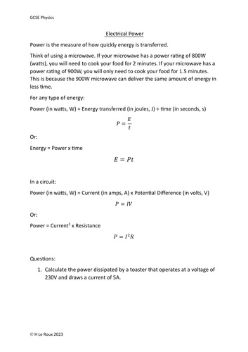 Electrical Power Calculations - GCSE Physics | Teaching Resources Electrical Power Calculations - GCSE Physics | Teaching Resources
