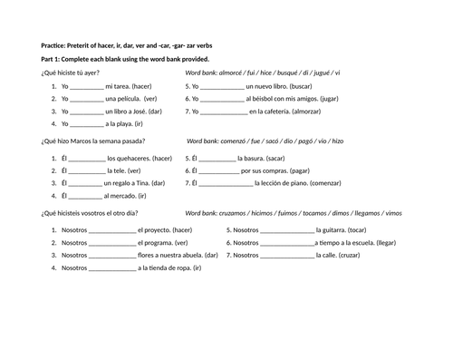 Practice: Preterit of hacer, ir, dar, ver and -car, -gar- zar verbs ...
