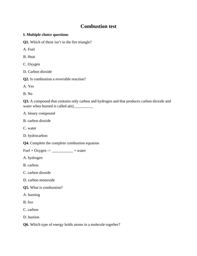 Combustion Revision Questions Teaching Resources