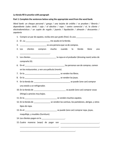 La tienda fill in practice with paragraph | Teaching Resources