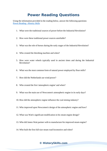 Steam Power in the Industrial Reading Questions Worksheet | Teaching ...