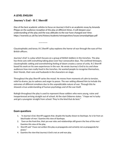A Level English Literature: Journey's End: a bank of essay questions ...