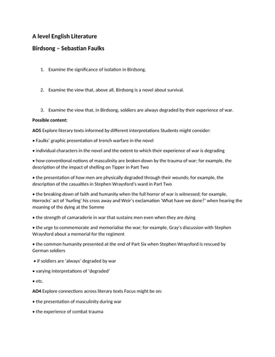 Birdsong – Sebastian Faulks: A Level English Literature: bank of essay ...