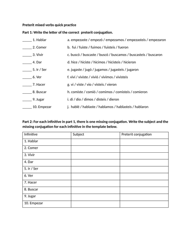 Preterit mixed verbs quick practice | Teaching Resources