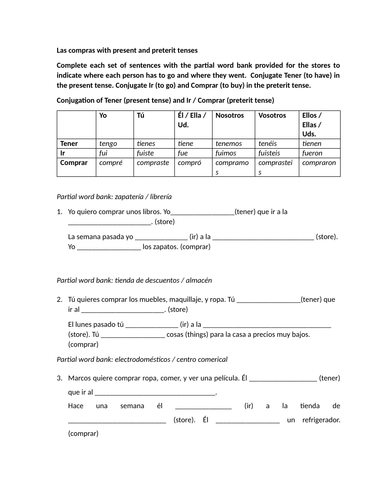 Las compras with present and preterit tenses | Teaching Resources