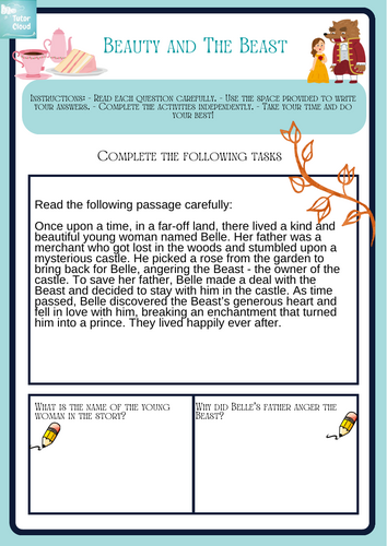 Beauty and the Beast Comprehension Worksheet | Teaching Resources