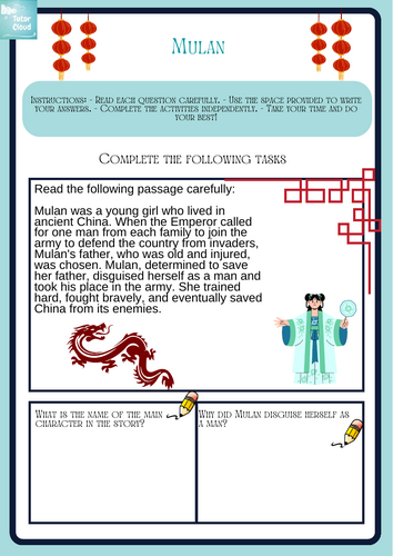 Mulan Comprehension Worksheet | Teaching Resources