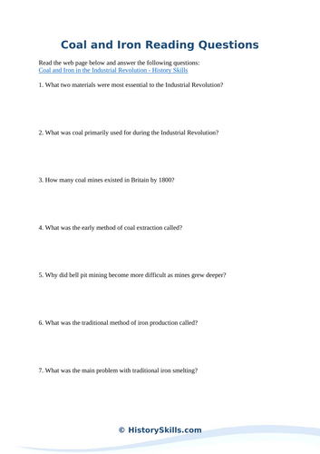 Coal and Iron in the Industrial Revolution Reading Questions Worksheet ...