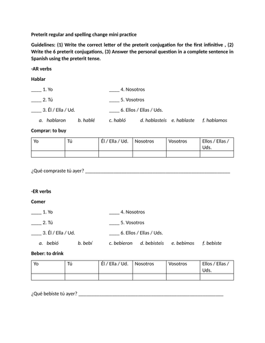 Preterit regular and spelling change mini practice | Teaching Resources