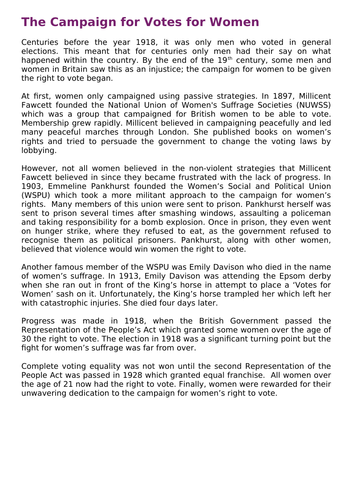 Suffragettes: The Campaign for the right to votes Year 6 Reading ...