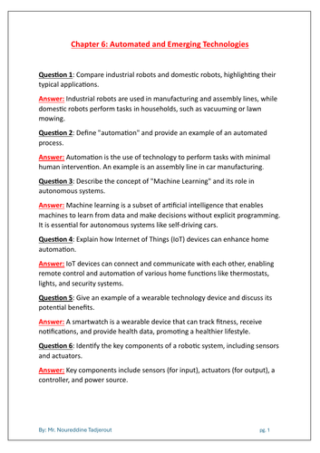 Igcse Cs Chapter 6 Automated And Emerging Technologies Questions And Answers Teaching Resources