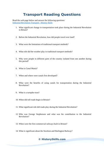 Transport during the Industrial Revolution Reading Questions | Teaching ...
