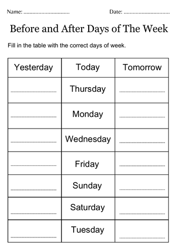 before and after days of the week worksheet for kindergarten | Teaching ...