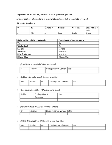 ER preterit verbs: Yes, No, and Information questions practice ...