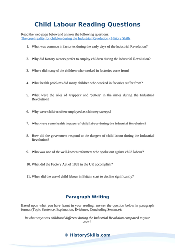 Child Labour in the Industrial Revolution Reading Questions | Teaching ...
