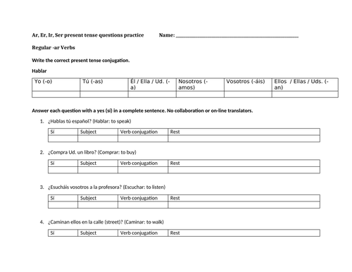 Ar, Er, Ir, Ser present tense questions practice | Teaching Resources