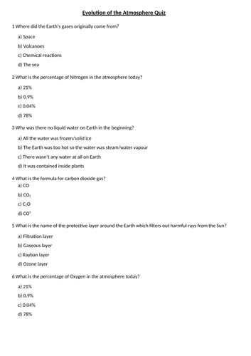 Evolution of the Atmosphere Multiple Choice Quiz with Answers ...