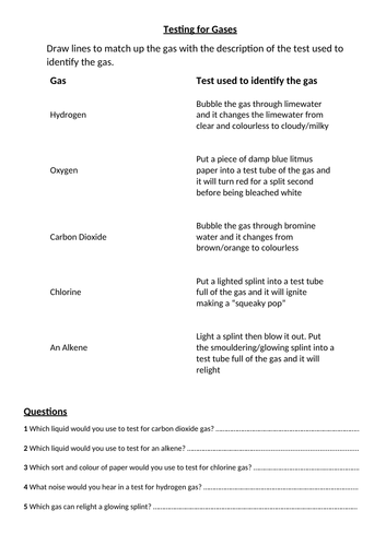 Testing for Gases - Match the gas to method of testing for it ...